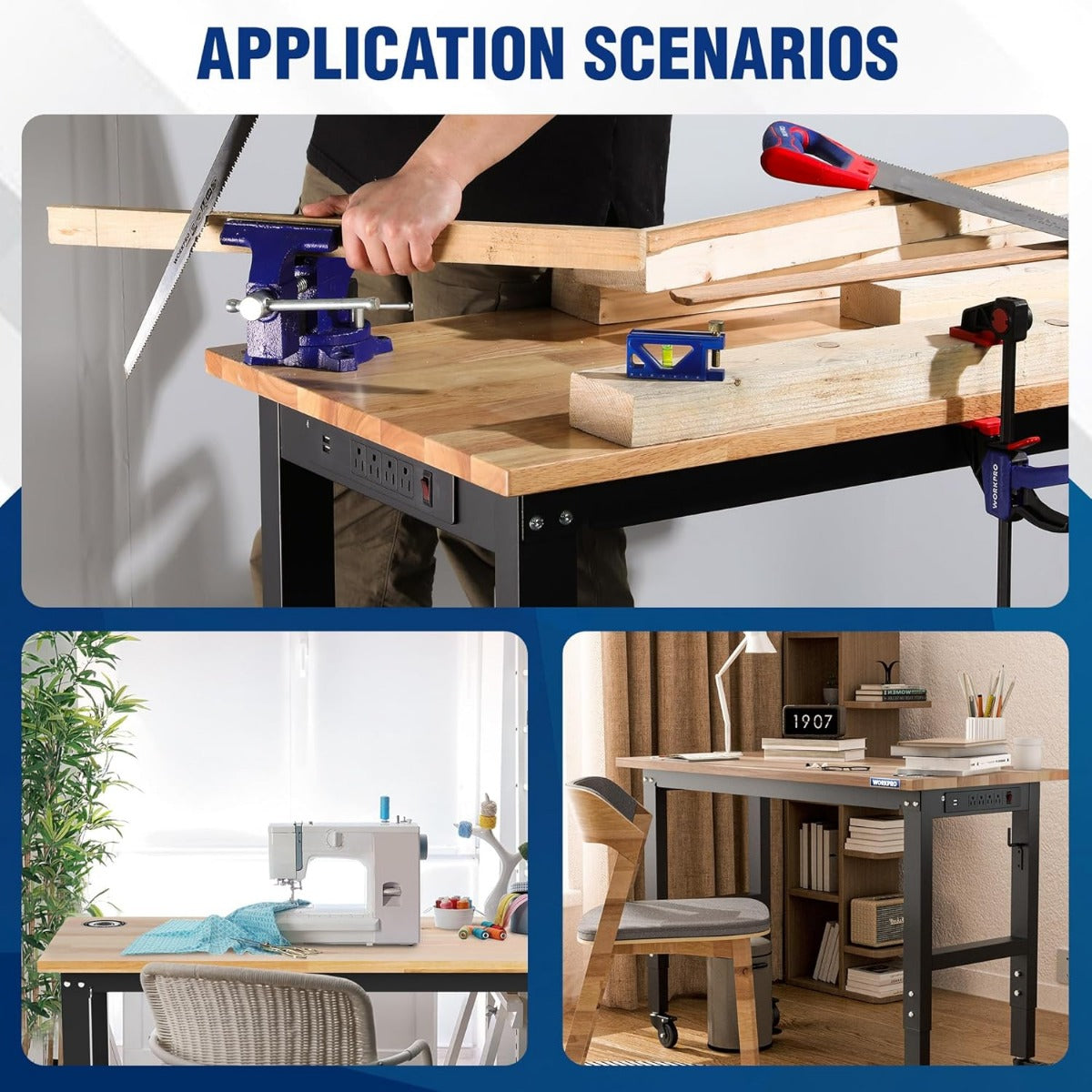 WORKPRO 48"X22" Adjustable Heavy-Duty Rubber Wood Top Workbench with C