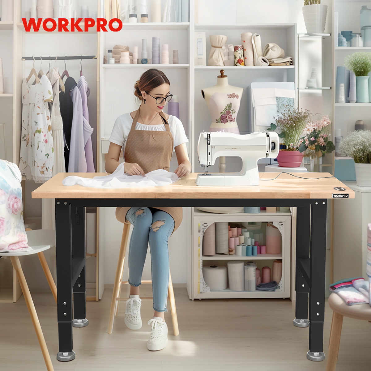 WORKPRO 48"/60" Adjustable Workbench 2000 LBS Load Capacity Hardwood W