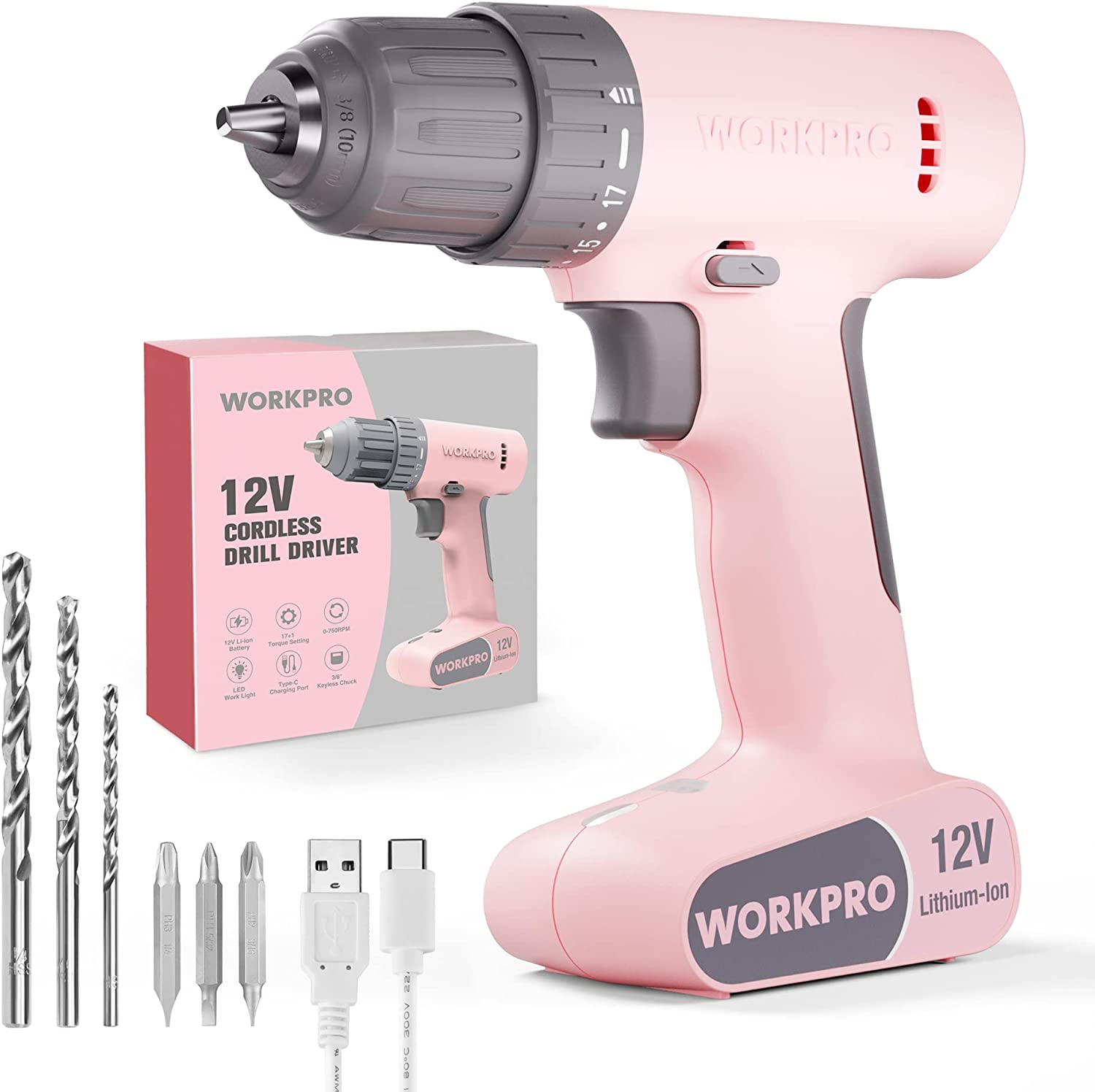 WORKPRO Pink Cordless Drill Driver Set, 12V Electric Power Drill Tool